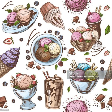 다양한 종류의 아이스크림과 달콤한 음식의 벡터 빈티지 매끄러운 패턴 손으로 그린 디저트 컬러 일러스트레이션 메뉴 포스터 또는 레스토랑 배경에 적합합니다 0명에 대한 스톡