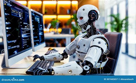 Robot Analyzing Data On Multiple Screens Stock Image Image Of Smart