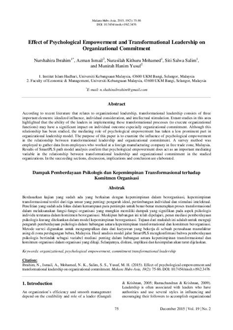 Pdf Effect Of Psychological Empowerment And Transformational Leadership On Organizational