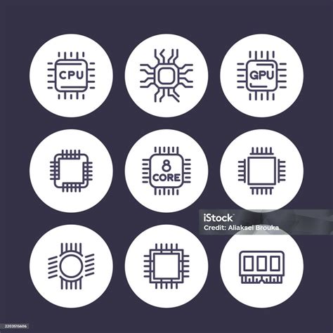 칩셋 Cpu 라인 아이콘 세트 마이크로 칩 Gpu 흰색 벡터 일러스트 레이 션 위에 8 코어 프로세서 픽토그램 0명에 대한 스톡 벡터 아트 및 기타 이미지 Istock