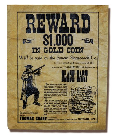Black Bart Wanted Poster High Quality Parchment Replica Poster