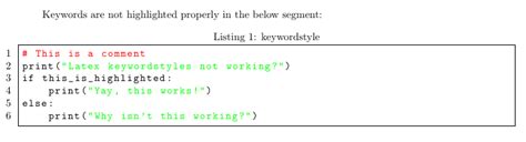 keyword highlighting not working in python with listings tex latex