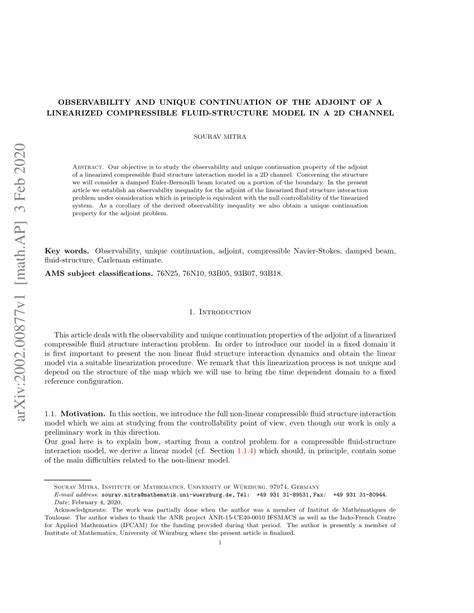 Pdf Observability And Unique Continuation Of The Adjoint Of A Linearized Compressible Fluid