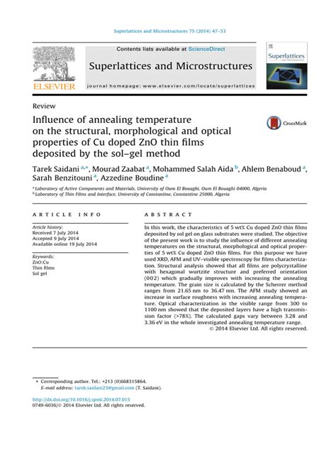 Influence Of Annealing Temperature On The Structural Morphological And Optical Properties Of Cu