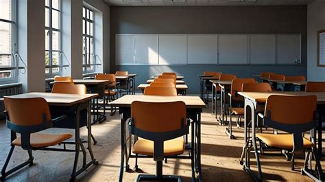 Empty Classroom With Desks And Chairs In A Row Generated By Artificial Intelligence Ai