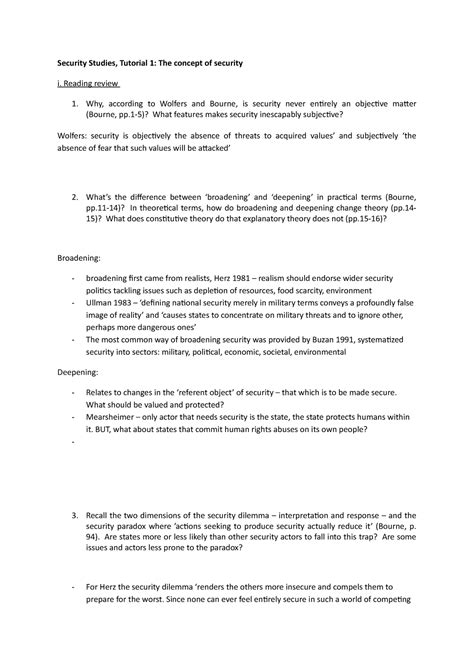 Ss W1 Lecture Notes 1 Security Studies Tutorial 1 The Concept Of