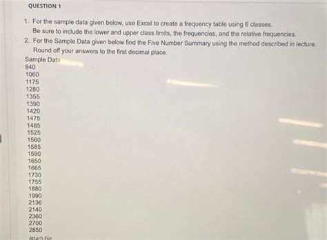 1 for the sample data given below use excel to