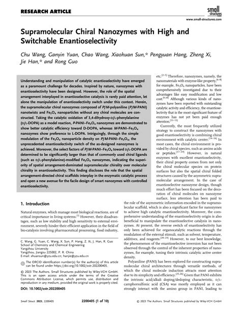 Pdf Supramolecular Chiral Nanozymes With High And Switchable Enantioselectivity