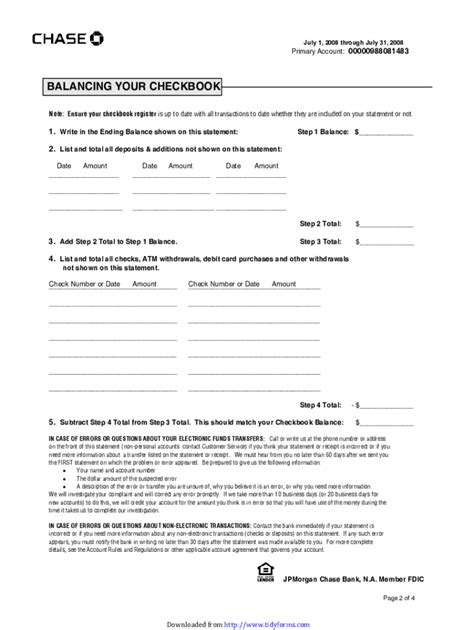 2008 Form Chase Balancing Your Checkbook Blank Fillable Template