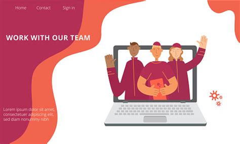 우리 팀과 함께 작업 사람과 노트북과 방문 페이지 추상적 배경이 있는 웹 디자인 템플릿에 대한 벡터 스톡 조명입니다 Eps10 개념에 대한 스톡 벡터 아트 및 기타 이미지