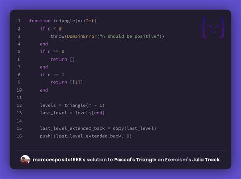 Marcoesposito1988s Solution For Pascals Triangle In Julia On Exercism