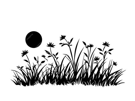 A Black And White Picture Of A Sun And Grass With The Sun In The Background Premium Ai