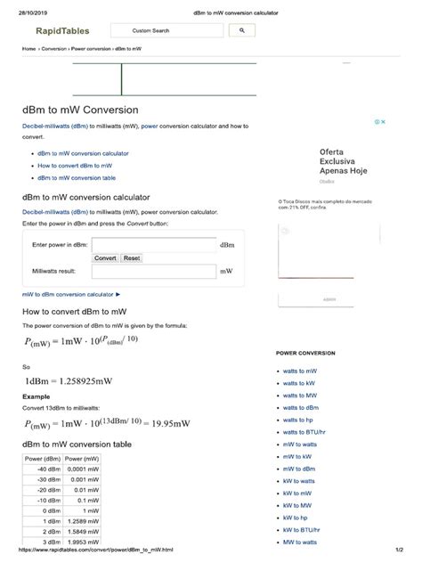 Dbm To Mw Conversion Calculator