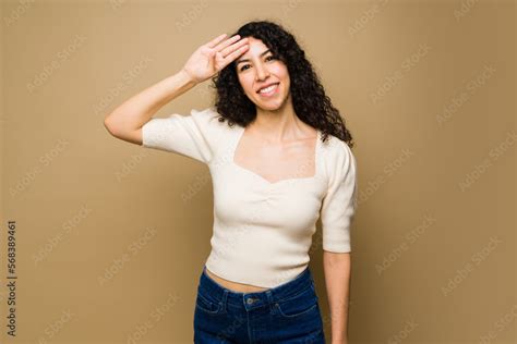 Beautiful Woman Saying Hello Using American Sign Language Stock Photo Adobe Stock
