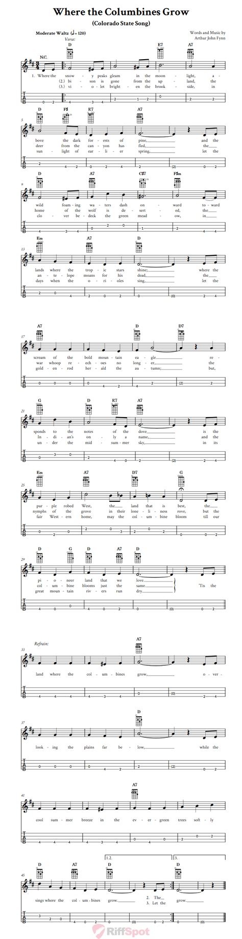 Where The Columbines Grow Easy Baritone Ukulele Sheet Music And Tab With Chords And Lyrics