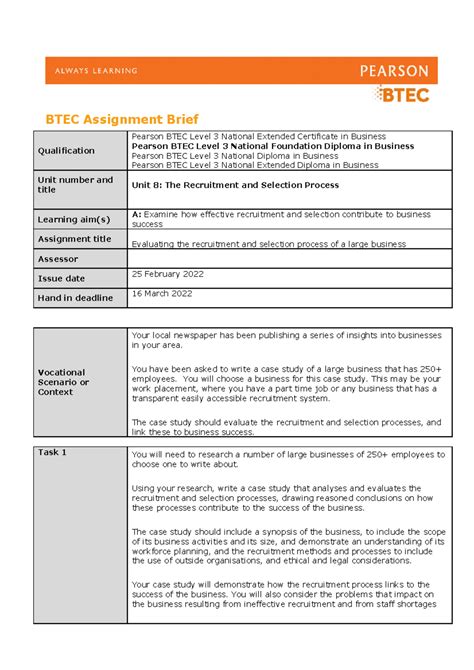 Btec Business Unit 8 Assignment 1 Brief Btec Assignment Brief