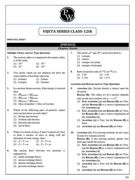 Nuclei Practice Sheet Vijeta Series Class 12th Pdf Atomic Nucleus Isotope