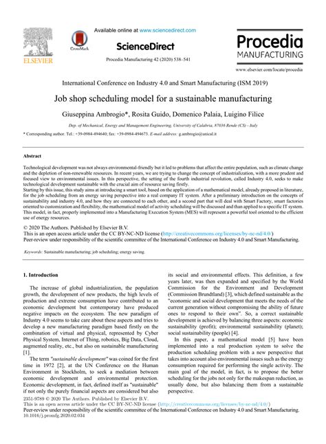 Pdf Job Shop Scheduling Model For A Sustainable Manufacturing