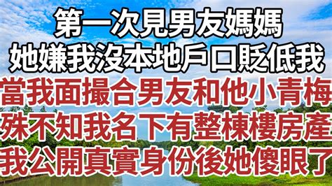 第一次見男友媽媽，她嫌我沒本地戶口貶低我，當我面撮合男友和他小青梅，殊不知我名下有整棟樓房產，我公開真實身份後她傻眼了！家庭情感故事