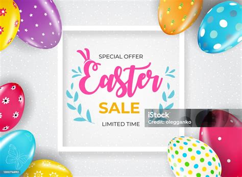 부활절 판매 포스터 템플릿 3d 사실적인 부활절 달걀 광고 포스터 전단지 인사말 카드에 대한 템플릿 벡터 일러스트 레이션