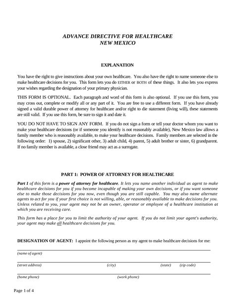 Free New Mexico Advance Directive Form Template PDF Word EForms
