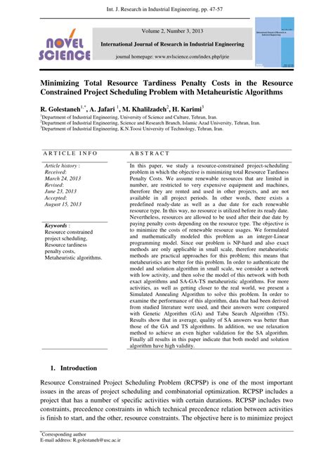 Pdf Minimizing Total Resource Tardiness Penalty Costs In The Resource