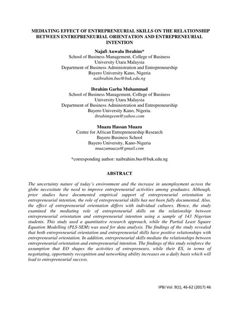 Pdf Mediating Effect Of Entrepreneurial Skills On The Relationship Between Entrepreneurial