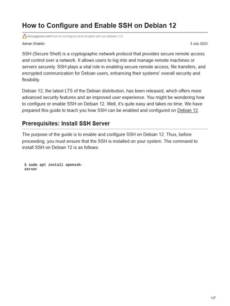 How To Configure And Enable Ssh On Debian 12 Pdf Secure Shell Computing