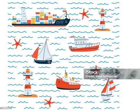 만화 스타일의 흰색 배경에 배 요트 등대 보트와 키즈 바다 원활한 패턴 키즈 룸 벽지 직물 포장지 의류에 대한 귀여운 질감 벡터