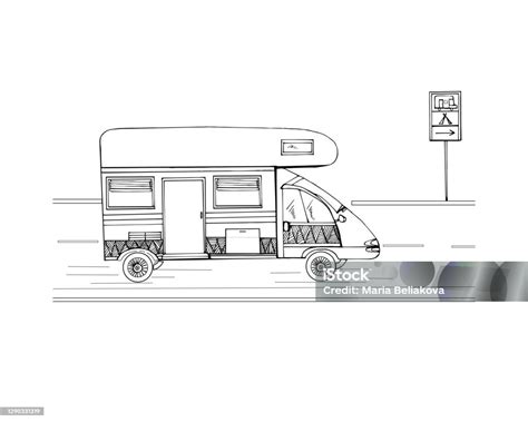 응력 방지 착색은 손으로 그려진 흑백 벡터 드로잉입니다 가족 용 자동차 도로 표지판 도로 표시 및 구름을 그리기위한 캠핑카그림 Tie Game에 대한 스톡 벡터 아트 및