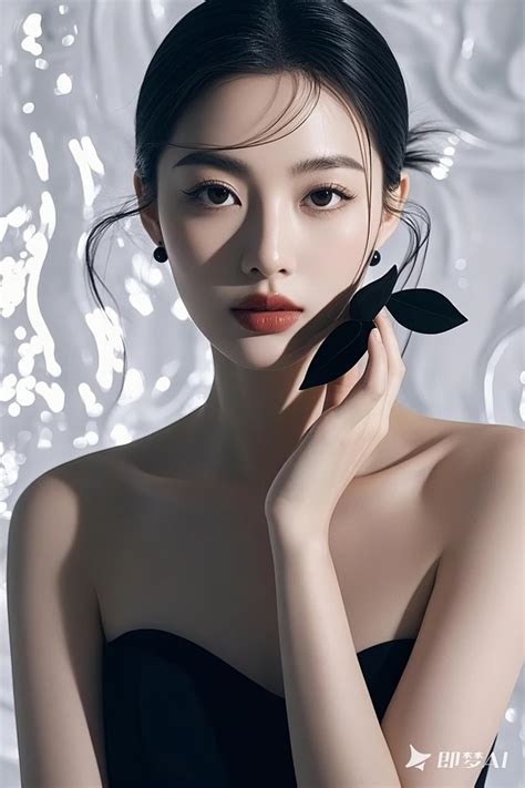 美丽的模特，东方女生，面部特写特写，气质，黑色礼裙，意境，高级感，面部细节完美，人物细节精致，清透，奇幻的光影，细腻的光泽，磨砂质感，流体背景，高冷背景，白色色调，高度细节， 花瓣网