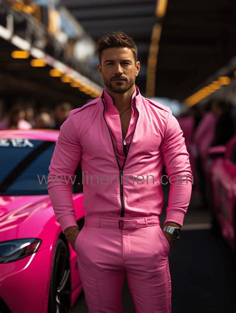 Mens Pink Racing Suit Jumpsuit