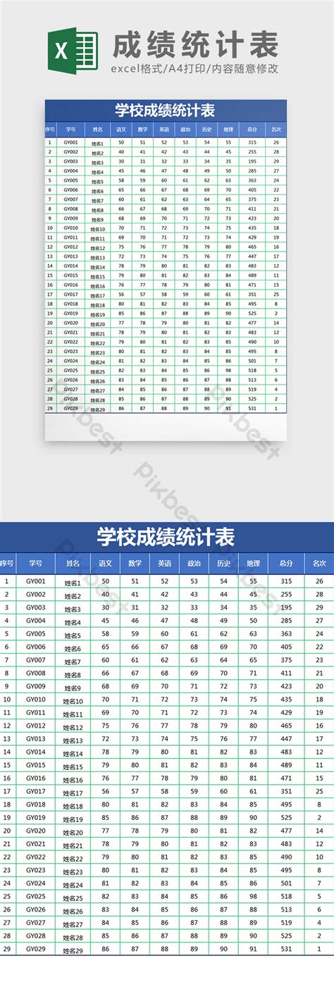 Blue School Performance Statistics Table Excel Template Excel Xls Template Free Download Pikbest