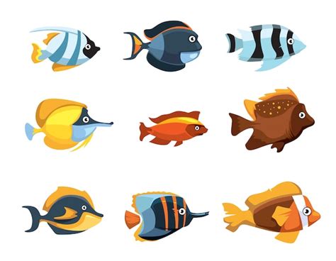 귀여운 만화 열대 이국적인 담수 수족관 프리미엄 벡터