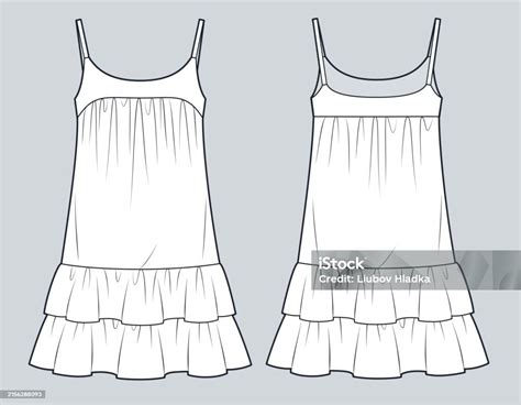 스트랩 드레스 테크니컬 패션 일러스트레이션입니다 프릴 드레스 패션 플랫 기술 도면 템플릿 미니 길이 편안한 핏 앞면과 뒷면보기 화이트 여성 드레스 Cad 모형 0명에 대한
