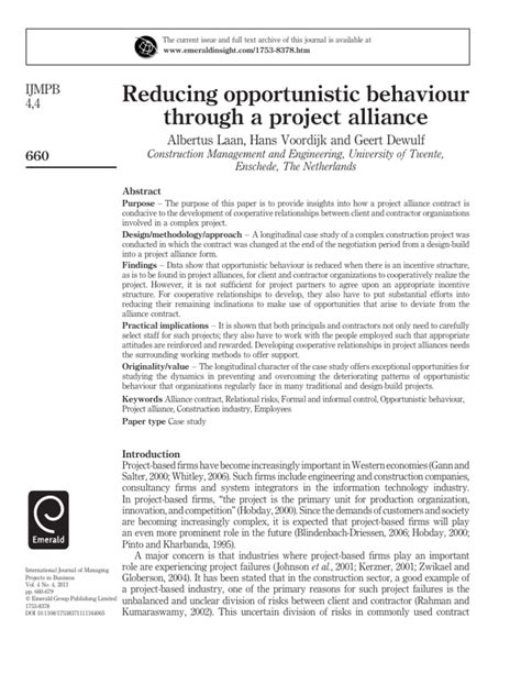 Reducing Opportunistic Behaviour Through A Project Alliance Pdf