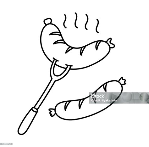 포크에 튀긴 소시지 바베큐 고기 제품 편집 가능한 윤곽선 획 두께 벡터 선 아이콘입니다 바베큐그릴에 대한 스톡 벡터 아트 및