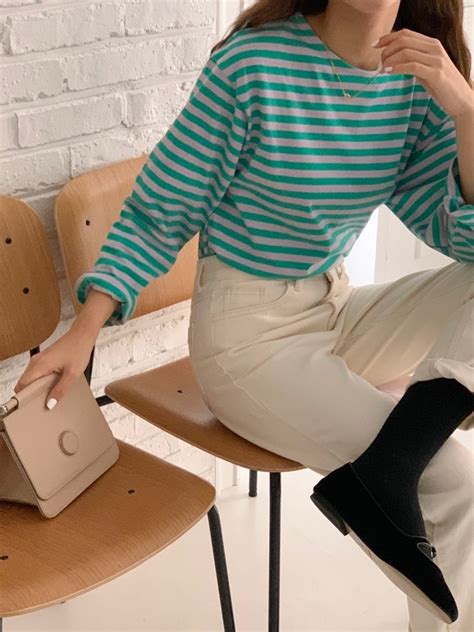 에듀 스트라이프 티셔츠 레드그린블루네이비 봄 단가라 숏 라운드 면 배색 데일리