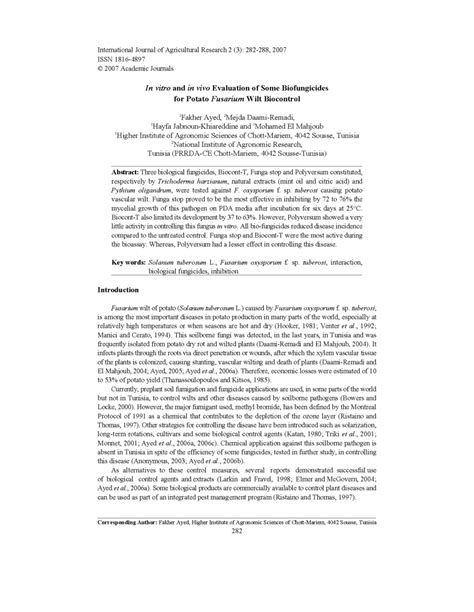Pdf In Vitro And In Vivo Evaluation Of Some Biofungicides For Potato Fusarium Wilt Biocontrol