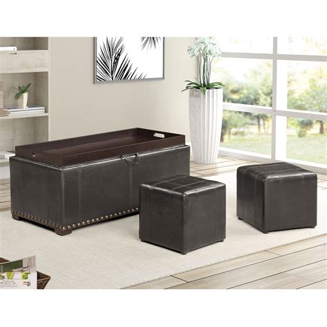Leather Storage Bench With 2 Side Ottomans Black