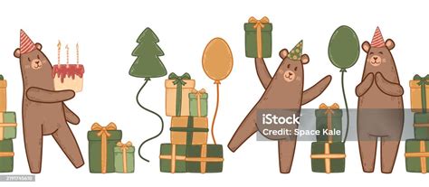 선물과 풍선을 들고 파티 모자를 쓴 행복한 곰과 함께 완벽 한 수평 테두리 축제 분위기가 물씬 풍기는 오렌지와 그린 컬러가 경쾌한 분위기를 더합니다 생일 깜짝 장식에 대 한