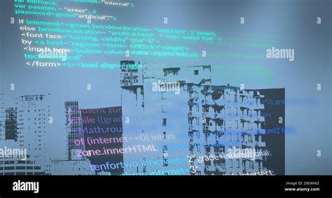 Image Of Multicolored Computer Language Over Modern Buildings In