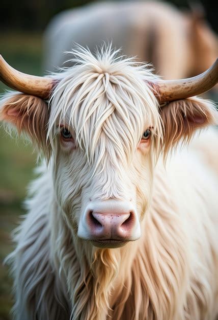 Elegant White Highland Cow With Long Horns And Shaggy Fur Looking At