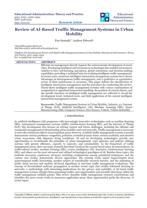 Pdf Review Of Ai Based Traffic Management Systems In Urban Mobility