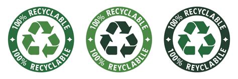 Three Green 100 Percent Recyclable Circle Logos With Arrows And Stars
