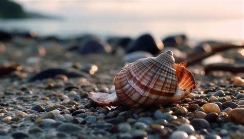 Premium Ai Image A Shell On A Beach With The Sun Setting Behind It