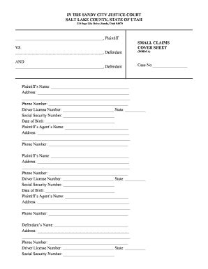 Utah Small Claims Cover Sheet Blank Fillable Template Fill Out