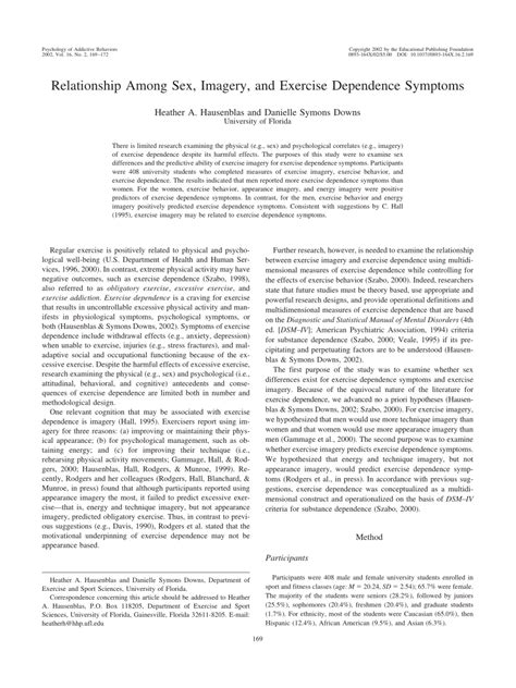 Pdf Relationship Among Sex Imagery And Exercise Dependence Symptoms