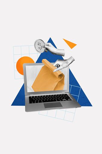 복합 경향 삽화 3d 스케치 이미지 사진 작업 공간의 콜라주 노트북 공중 부양하다 디스플레이 손 잡다 가방 배달 사다 돈을 지불하다 동전 천지창조에 대한 스톡 사진 및 기타