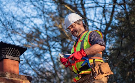 남성 계약자는 지붕 구성 요소를 방수합니다 안전 장비를 착용한 중년의 건설 노동자가 굴뚝 유지 보수를 수행합니다 보호 장갑에 대한 스톡 사진 및 기타 이미지 Istock